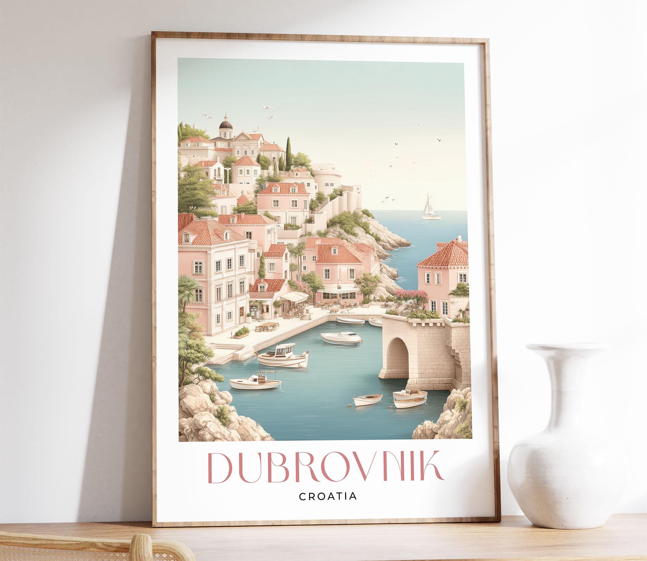 Dubrovnik Travel Art Print, Croatia Pink Pastel Watercolour Wall Art ...